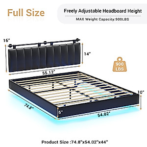 DICTAC Full Floating Bed Frame with Led Lights and Wall Mounted Headboard Modern Full Size LED Low Profile Platform Bed Frame Faux Leather Upholstered Platform Bed Frame,No Box Spring Needed,Black