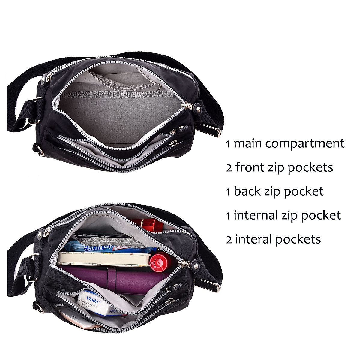 Cross Body Bags Small Women Messenger Purse over Shoulder Bag Nylon with Multi Pockets for Ladies and Girls (Black)