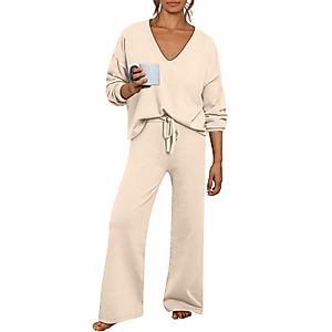 LILLUSORY Women's Two Piece Outfits Sweater set Knit Top Set And Loose Wide Leg Pants Lounge Sweatsuit