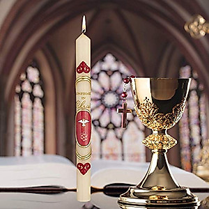 Catholic Confirmation Candle Red Dove Decoration, Wax Candlestick Gift for Teenage Boys and Girls, 9 3/4 Inches Tall