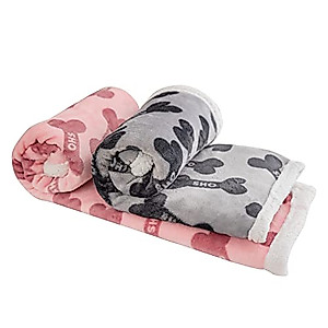 WIN WM MORE Dog Blankets 2 Pack Flannel Fleece Sherpa Puppy Throw Blankets Bulk 30x43 Inch Warm Sleeping Ultra Soft Bone Printed Plush Fluffy Paw Mat for Pet Couch Bed, Grey and Pink