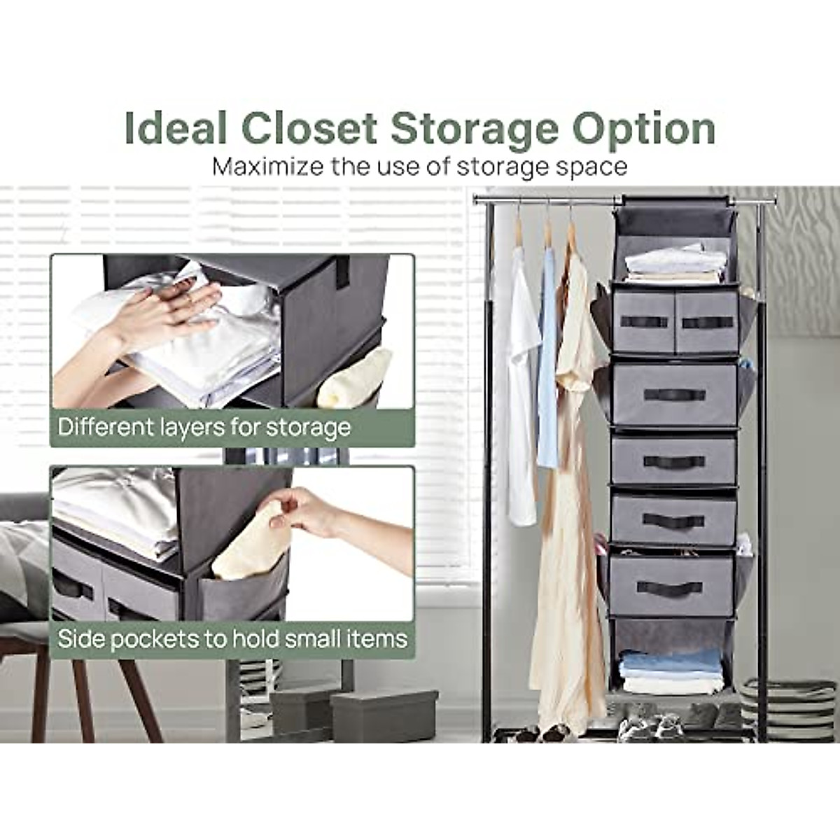 Kootek 7 Shelf Hanging Closet Organizer with Drawers, Hanging Closet Shelves Closet Storage 6 Clothing Drawer Side Pockets for Clothes, Bras, Socks, Underwear, Nursery Room, Wardrobe