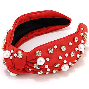 Atoden Red Wide Top Knot Headband with Pearl Rhinestone for Women's Hair Embellished Headbands Non Slip Sparkly Hair Bands Fashion Hair Accessories