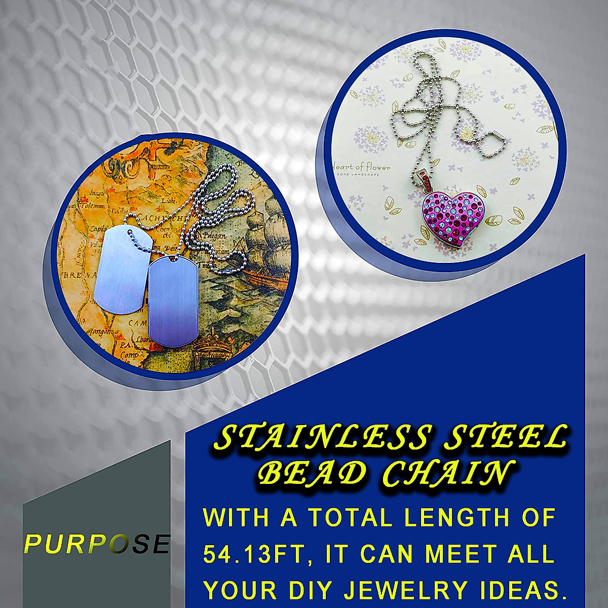 Stainless Steel Ball Chain, Necklace Chain Ball Bead, 55ft Bead Chain Ball Chain Bulk Bead Chain with 100 Pcs Matching Connectors Clasps for Necklace Hanging, Dog Tag, DIY Crafts, 2.0mm Diameter