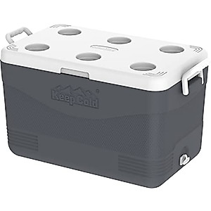 Duramax Picnic Icebox 60L High Performance Cool Box with PU Insulation, Side Handles with Secure lid Locking & Cup Holders on lid, Icebox, Cooler Box, Cool Grey
