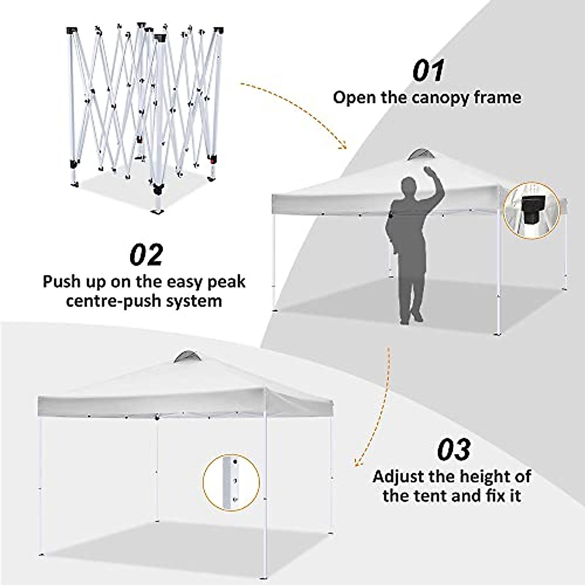 White 10x10ft Pop Up Tent Heavy Duty Gazebo,3 Height Adjustable Commercial Canopy Instant Shelter Outdoor Steel Frame Canopy,wtih Stakes/Ropes/Handle Bag,for Backyard Patio Garden