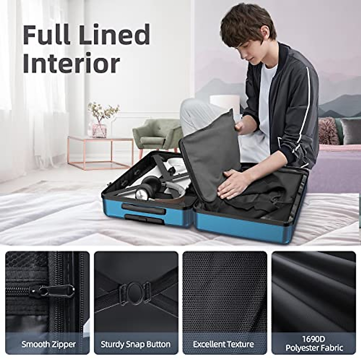 BEOW Luggage Sets Expandable Lightweight Suitcases with Wheels PC+ABS Durable Travel Luggage TSA Lock Navy Blue 4pcs