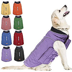 KOESON Windproof Dog Cold Weather Coat, Reflective Pet Winter Thick Warm Outdoor Jacket with Harness Hole, Comfy Cotton Apparel Padded Vest for Small Medium Large Dogs Purple 2XL