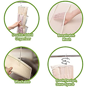 Closet Hanging Organizer Mesh Pockets and Rotating Metal Hanger, Oxford Cloth Space Saver Bag, Dual-Sided Hanging Storage Organiser for Underwear, Panties ,Bra and Sock(Beige, Expand 5+10 Pockets)