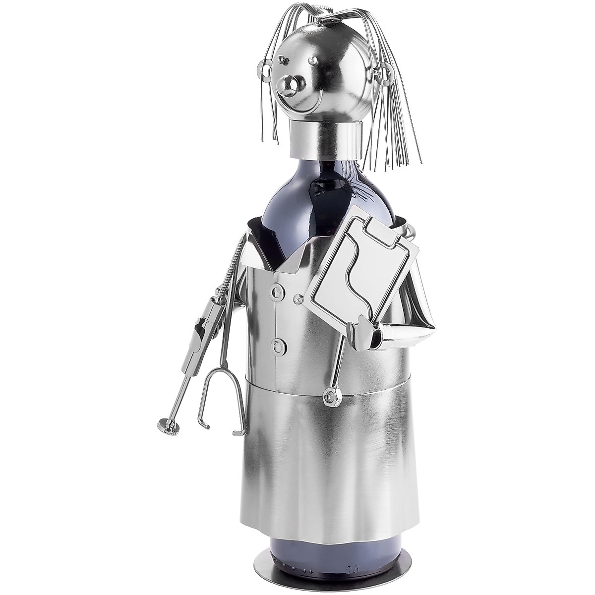 BRUBAKER Wine Bottle Holder Female Doctor - Metal Sculpture Bottle Stand - 7.9 inches - Wine Gift for Patients Female Specialist Medical Students for Study - with Greeting Card