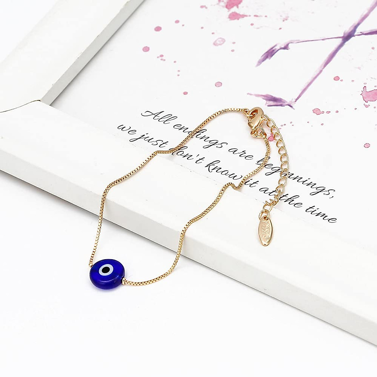 Pingyongchang Blue Turkish Evil Eye Beads Charm Bracelet Bohemian Devil Eye Hamsa Gold Colored Copper Chain Adjustable Bracelet for Women Men Jewelry-Blue