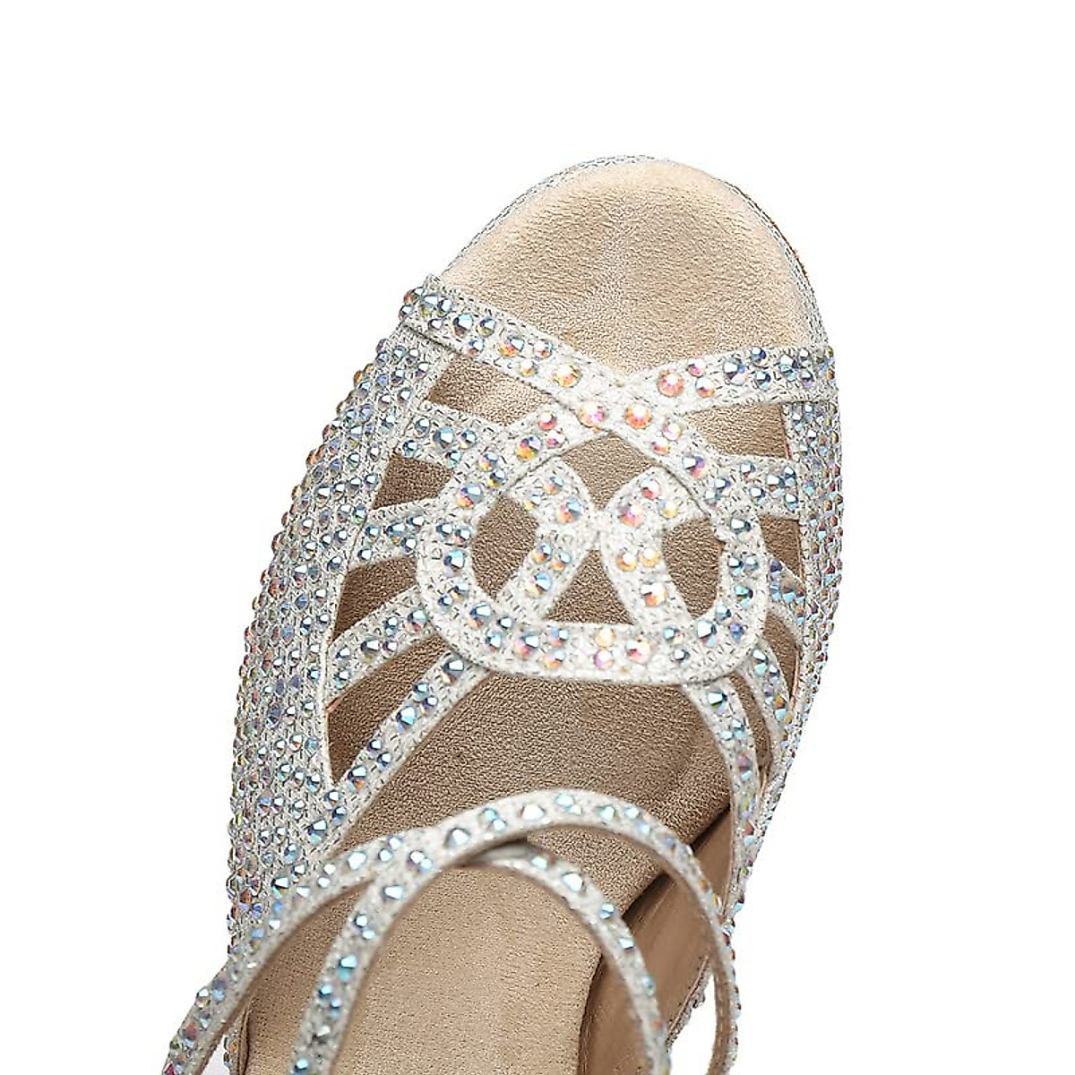 AOQUNFS Rhinestones Latin Dance Shoes Salsa Ballroom Practice Perfermence Dance Shoes for Women, Silver-L458-7.5,US7