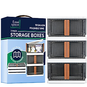 Ezee Space Stackable Storage Bins with Wheels - (3-Pack) - Stackable Storage Drawers - (19-Gal) - Collapsible storage bins with lids - Multifunctional Foldable storage boxes with doors