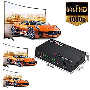 HDMI Splitter 1 in 4 Out,1x4 Hdmi Splitter Display Multiple Duplicate/Mirror Screen,Powered AC Adapter Included,Supports Ultra HD 1080P 4K/2K and 3D,for TV,Monitors,Computer,DVD,Projector