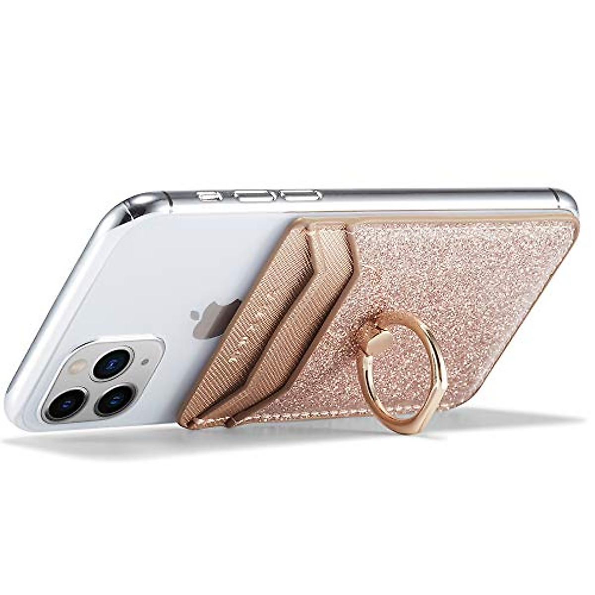 TOPWOOZU Phone Card Holder with Ring Grip for Back of Phone,Adhesive Stick-on Credit Card Wallet Pocket for iPhone,Android and Smartphones (Pink)