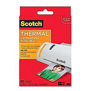 Scotch Thermal Laminating Pouches Premium Quality, 5 Mil Thick for Extra Protection, 100 Pack Photo Size Laminating Sheets, Our Most Durable Lamination Pouch, 5 x7 inches, Clear (TP5903-100)