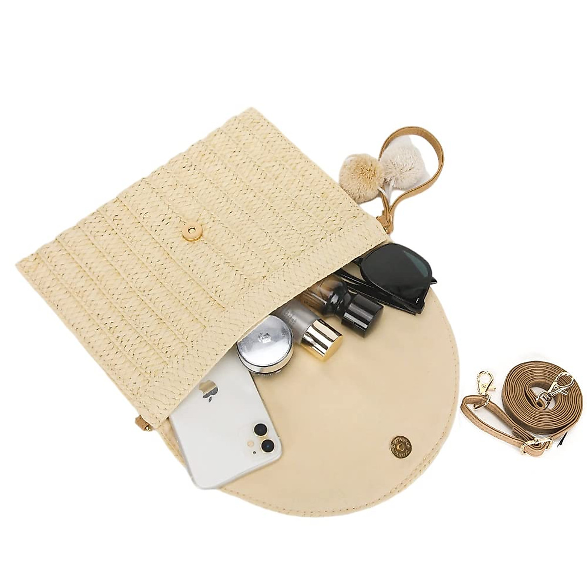 Straw Shoulder Bag Straw Clutch Straw Crossbody Bag Handmade Straw Beach Bag for Women Envelope Purse Wallet with Hand-woven Pompom (Creamy White)