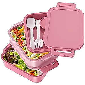 Jelife Bento Lunch Box for Adults - 3 Layers Leak-Proof Stackable Bento Box for Adults, 72oz Large-Style All-in-One Adult Lunchbox Bento Box with Utensil Accessories for Dining Out,Work, Pink
