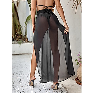 Verdusa Women's Chiffon Beach Swimsuit Cover Up Split Thigh Bikini Maxi Skirt Black L