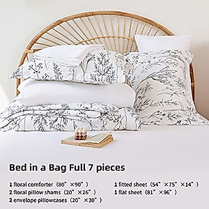 JANZAA Full Size Comforter Sets Bed in a Bag White Comforter Bedding Sets Floral Comforter Sets for All Season with Fitted Sheet Flat Sheet Pillow Cases and Shams 7 Piece