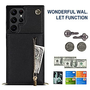 DEFBSC Wallet Case for Samsung Galaxy S22 Ultra,PU Lanyard Neck Strap Case with Kickstand Zipper Wallet Card Holder, Adjustable Detachable Necklace Phone Protective Back Cover-Black