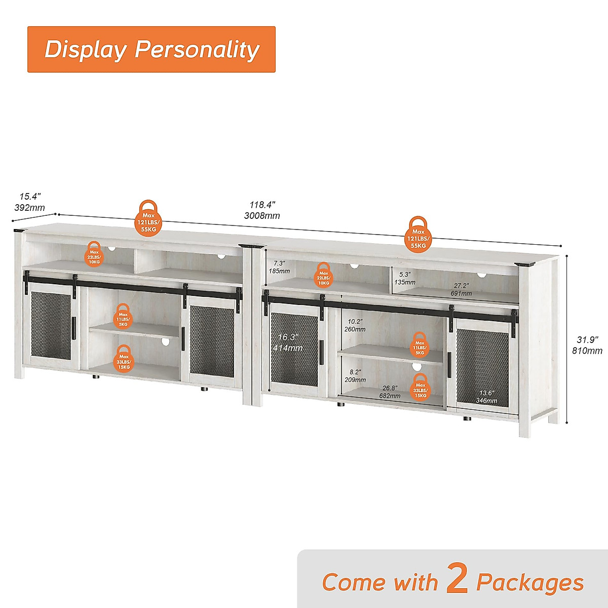 WAMPAT 2-in-1 TV Stand for 100+ Inch TV, Farmhouse & Industrial Media Entertainment Center w/Sliding Mesh Doors, Rustic TV Console w/Storage Shelves&Yellow LED Lights for Living Room, Antique White