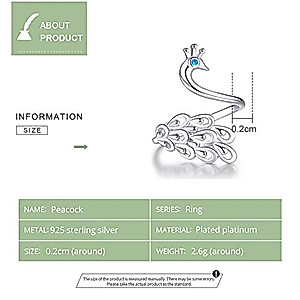 Dainty Peacock Sterling Silver Open Wrap Rings for Women Adjustable Elegant Animal Bule Crystal Cuff Finger Eternity Ring Expandable Band Jewelry Gifts