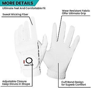 FINGER TEN Men’s Golf Glove Left Hand Rain Grip Pack, Durable Fit for Hot Wet All Weather (White, M/Large)