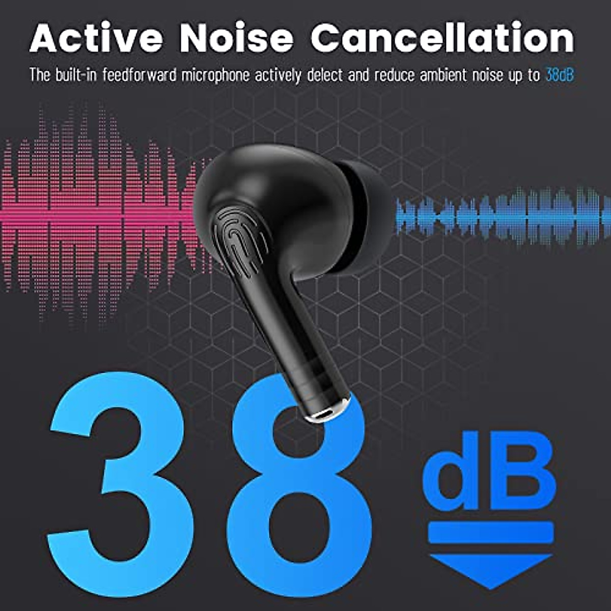Wireless Earbuds Active Noise Cancelling, Bluetooth 5.1 Ear Buds Deep Bass 24H Playtime with 4 ENC Microphone for Call Clear, IPX7 Waterproof Earphones in-Ear Stereo Headphones for Sports Gaming Black
