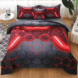 JQinHome Full Gamer Comforter Set for Boys Girls Kids,6 Piece Bed in A Bag 3D Video Game Bedding -All Season Soft Microfiber Down Alternative Comforter Gamer Bedding Sets with Sheets （Red）