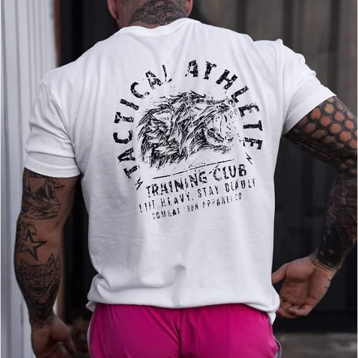 Combat Iron Men's Graphic Short Sleeve T-Shirt | Tactical Athlete Training Club Wolf Edition Mens Novelty Tee | White, X-Large