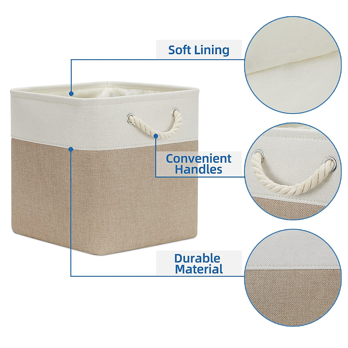 Temary 4 Pack Cube Storage Bins Cloth Baskets for Shelf, Fabric Storage Cubes 12 x 12 Baskets Gift Empty Baskets with Handles, Baskets for Storage (White&Khaki)