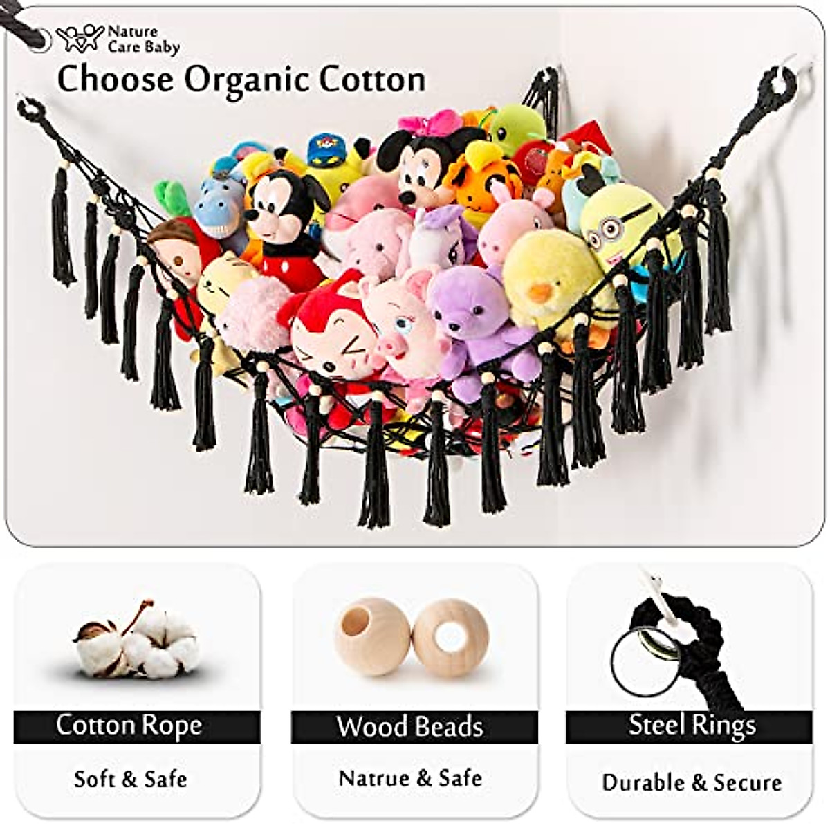 MAKEONEWO Stuffed Animal Toy Hammock Hanging- Macrame Toy Hammock with Tassels-Stuff Animals Organizer Storage Boho Large Corner Plush Toys Net Holder for Nursery, Play Room, Kids Bedroom (Black), 1 Pack