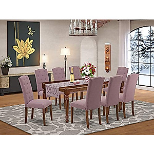 East West Furniture DOCE9-MAH-10 9Pc Dining Set Includes a Rectangle Dinette Table with Butterfly Leaf and Eight Parson Chairs with Dahlia Fabric, Mahogany Finish