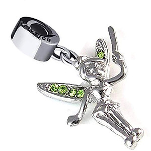 BOLENVI Tinkerbell Fairy Green Swarovski Crystals 925 Sterling Silver Dangle Pendant Charm Bead For Pandora & Similar Charm Bracelets or Necklaces