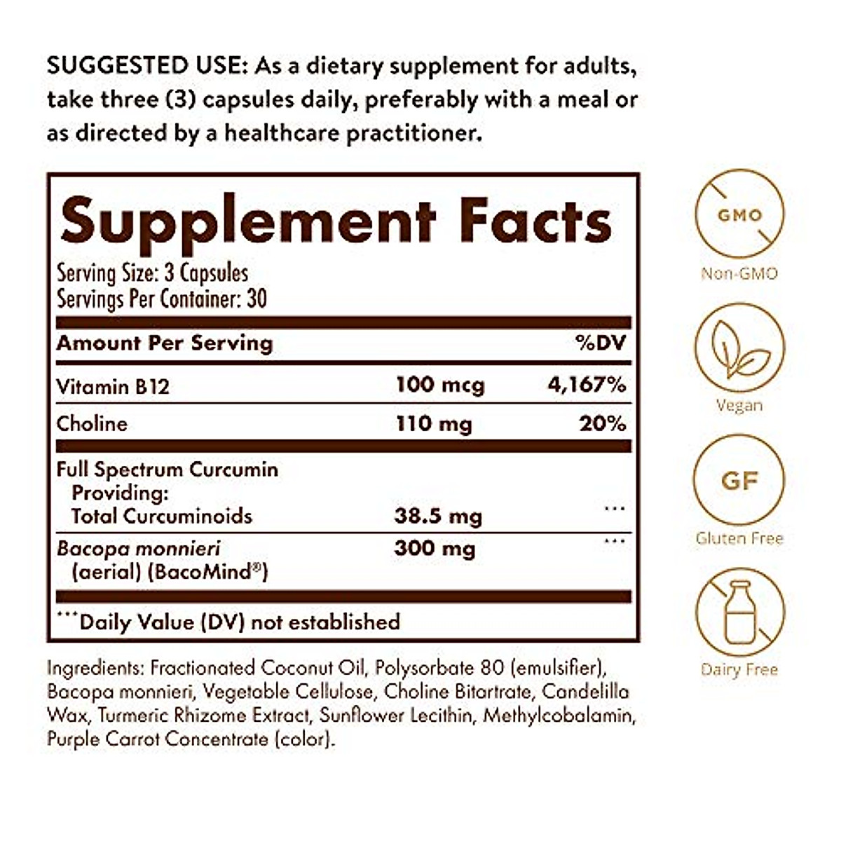 Solgar Full Spectrum Curcumin Brain Works, 90 Licaps - Support Memory Recall, Focus, Cognitive Function - Antioxidant Support - Curcumin, BacoMind, Choline, Vitamin B12 - Non-GMO, Vegan - (Pack of 2)