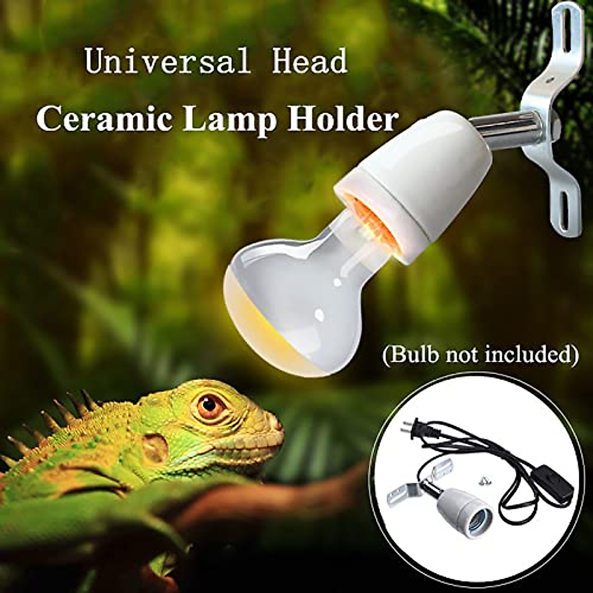 KUIDAMOS 300W E27 Reptile Lamp Stand Reptile Heating Lamp Light Holder, Lamp Not Included,360° Rotation Ceramic Heat Bulb Base with Fixed Clip Rotatable Reptile Light Fixture for Small Animals