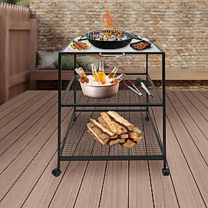 LUGBING 3-Tier Mobile Outdoor Grill Cart with Push-Pull Handle, Stainless Steel Work Cart Table, Black