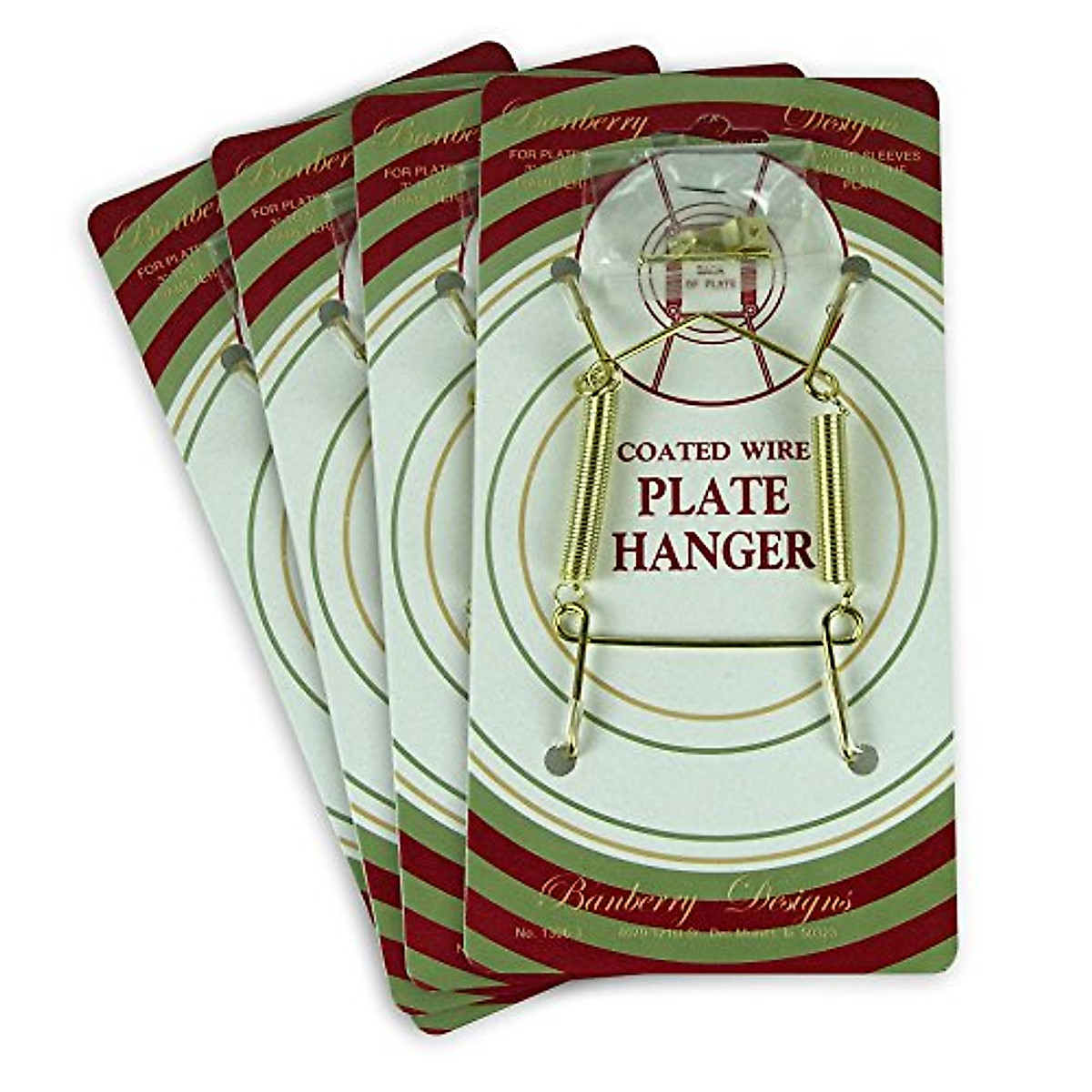 BANBERRY DESIGNS Brass Vinyl Coated Plate Hanger 3.5 to 5 Inch Plate Hanger Set of 4 Hangers - Includes Hanging Hook and Nail