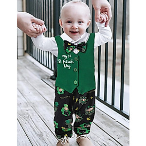 WIQI toddler boy St. Patrick's Day clothes Long Sleeve St. Pat's Day Shirt Romper Jumpsuit+ bow tie baby boy St. Patrick's Day outfit