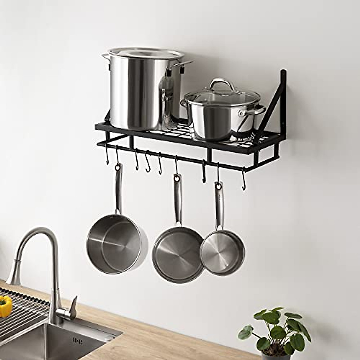 KES Kitchen Pot Pan Rack 24 Inch Hanging Storage Organizer Wall Shelf With Hooks Wall Mounted Matte Black, KUR215S60-BK
