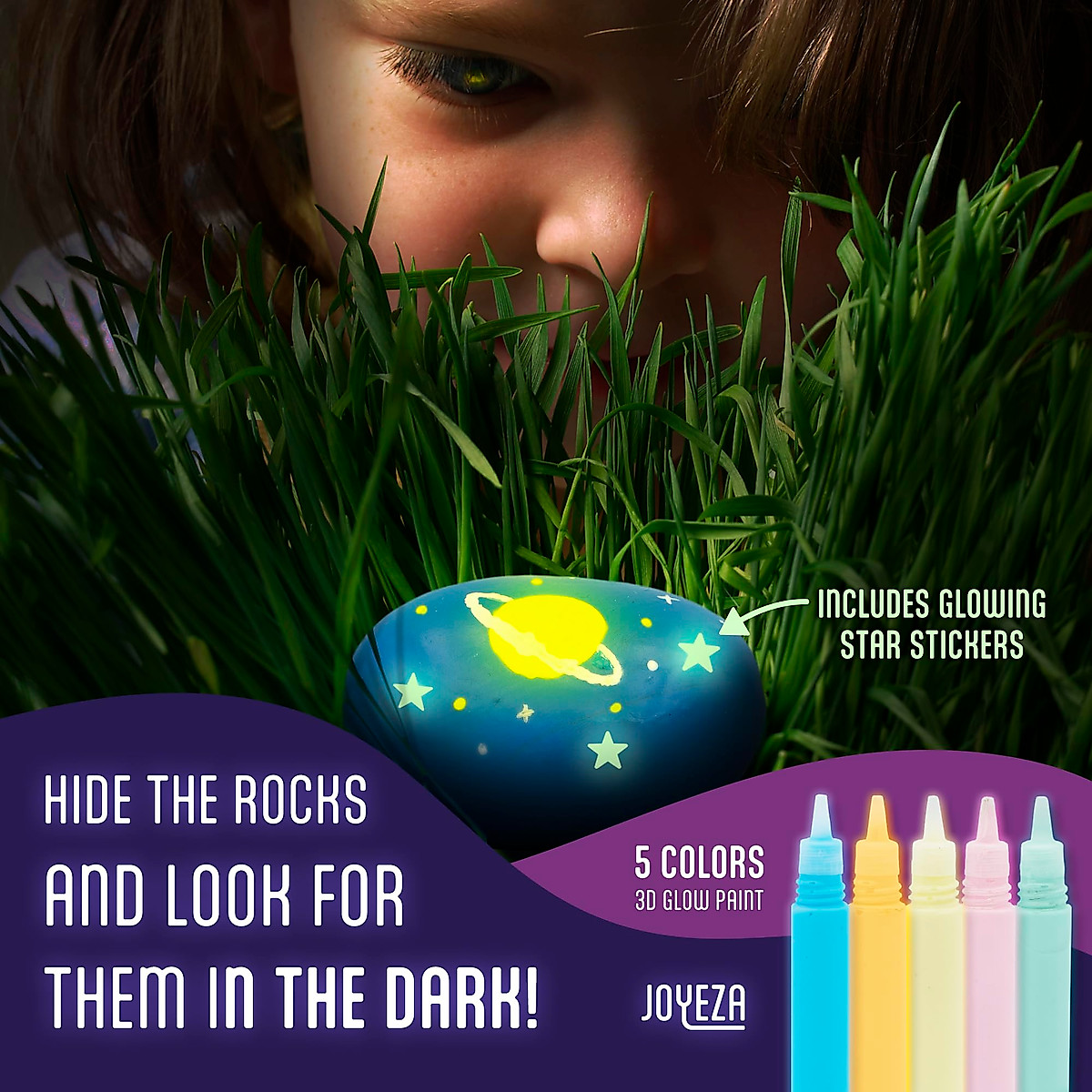 JOYEZA Rock Painting Kit Glow in The Dark, Arts and Crafts for Girls and Boys Age 6+, 12 Painting Rocks for Kids, Waterproof Paints, Kids Activities Age 6 7 8 9 10, Tween Gift Art Set