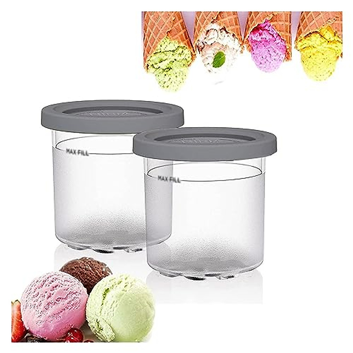 EVANEM 2/4/6PCS Creami Pint Containers, for Ninja Ice Cream Maker Pints,16 OZ Pint Frozen Dessert Containers Bpa-Free,Dishwasher Safe for NC301 NC300 NC299AM Series Ice Cream Maker,Gray-4PCS