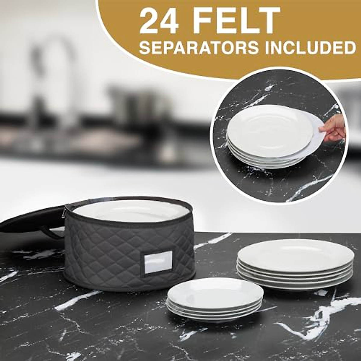 2 Pack 8" Bowl and Dessert Plate Storage Cases - China Storage Container - Stackable With Padded Interior to Store and Transport Your Fine China Dinnerware Dishes - 24 Felt Pads Included - Gray
