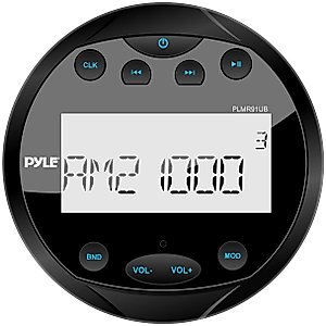 Pyle Round Waterproof Marine Stereo - 4x28 W Aquatic Boat In Dash Gauge Radio Receiver System with Bluetooth, AM FM, Digital LCD, USB, AUX, RCA - Includes Wiring Harness, Bracket - PLMR91UB (Black)
