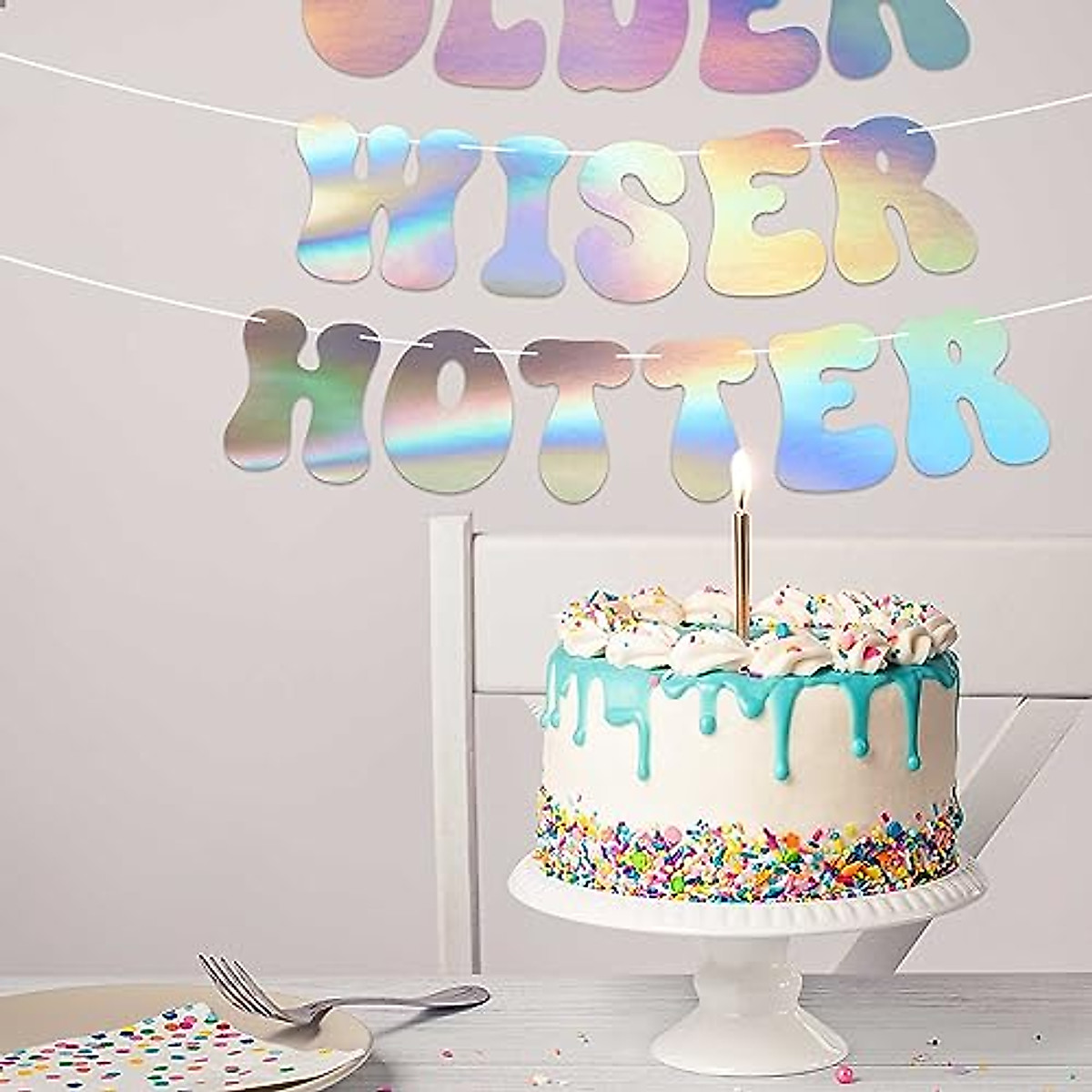 Pre-Strung Older Wiser Hotter Birthday Banner - NO DIY - Iridescent Birthday Party Banner - Pre-Strung on 8 ft Strands - Holographic Shiny Foil Birthday Party Decorations & Decor. Retro 70s Birthday
