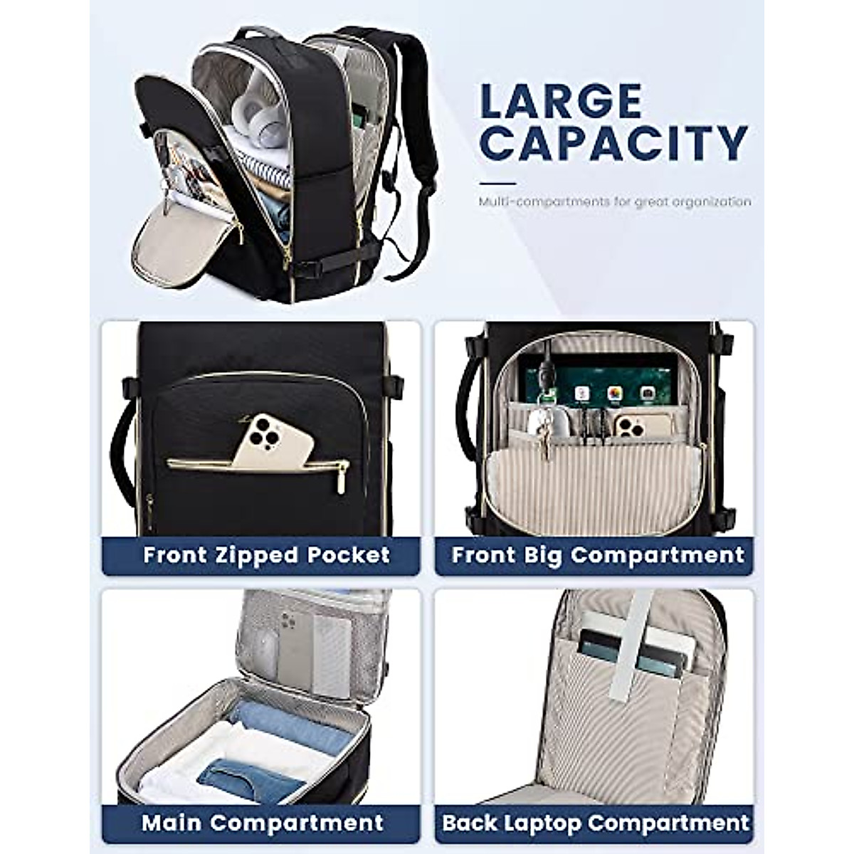 LOVEVOOK Travel Backpack for Women Men as Personal Item Flight Approved, 40L Luggage Carry On Backpack, 17.3inch Large Daypack Laptop Waterproof Outdoor Sports with 3 Packing Cubes, Black