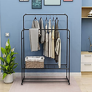 Ustamio Clothes Rack with Double Rods & Double Bottom Shelves, Simple Houseware Metal Portable Clothing Hanging Garment Rack 43.3'' Inches for hanging dresses, suits and shirts, Chrome (Black)