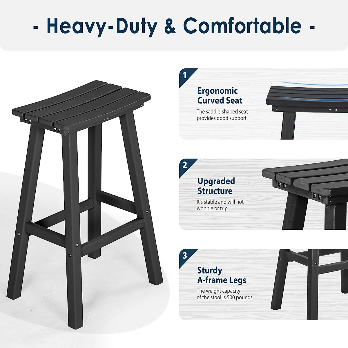 nalone 29 Inch Outdoor Bar Stools Set of 2, HDPE Bar Chairs with Footrest, Weather Resistant Barstools Outside Bar Height Stools for Bar, Kitchen Counter, Balcony (Black, 29'' Barstools Set of 2)