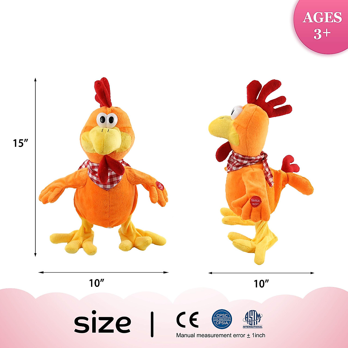 Houwsbaby 15‘’ Electronic Squawking Chicken Toy Chicken Stuffed Animal Interactive Musical Walking Singing Waving Rooster Plush Toy with Bib Gift for Kids Boys Girls Thanksgiving Day